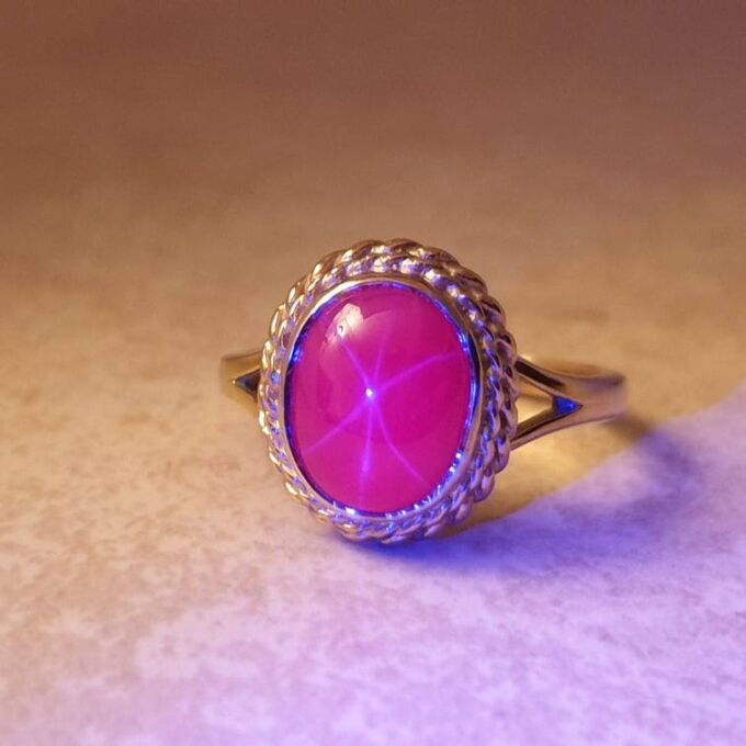 Synthetic Star Pink Ruby Ring in 9ct Gold. - Gems Afire - Vintage ...