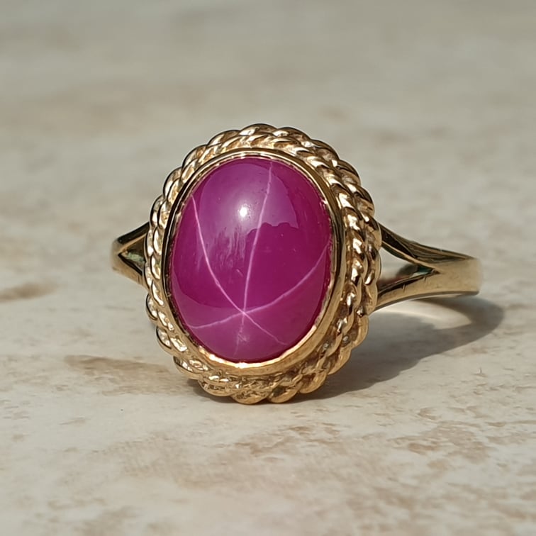 Synthetic Star Pink Ruby Ring in 9ct Gold. - Gems Afire - Vintage ...