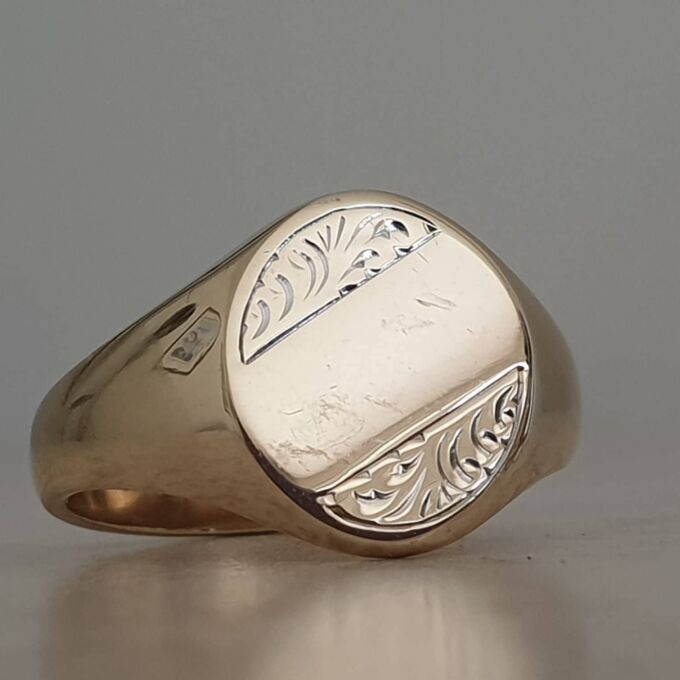 Oval Part Engraved Signet Ring in 9ct Gold. - Gems Afire - Vintage ...
