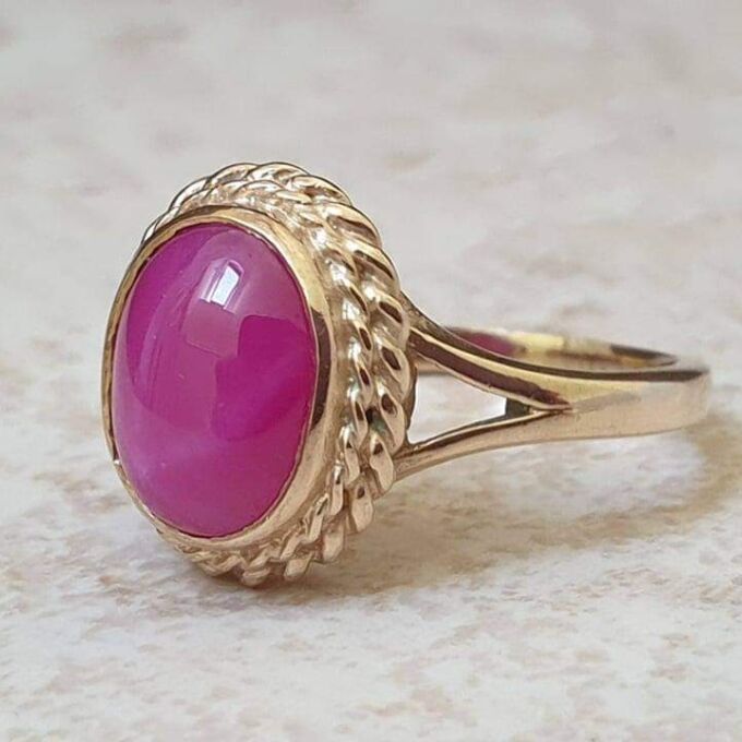 Synthetic Star Pink Ruby Ring in 9ct Gold. - Gems Afire - Vintage ...