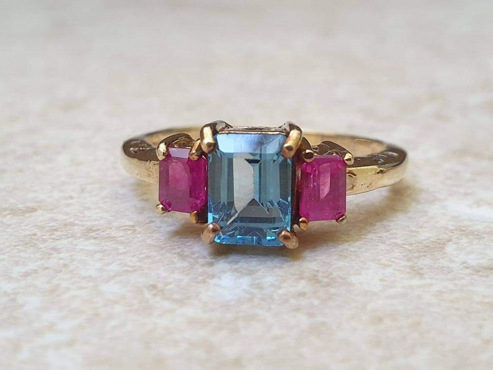Topaz and Synthetic Ruby Trilogy Ring in 9ct Gold. - Gems Afire ...