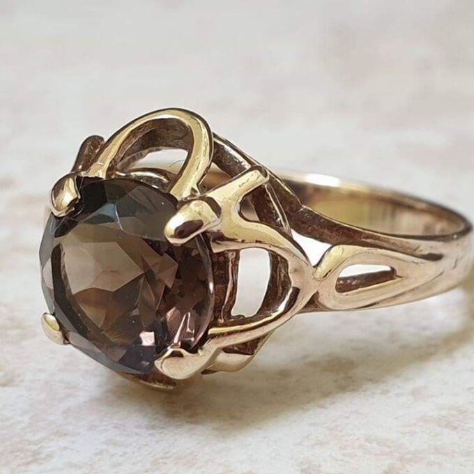 Smoky Quartz Solitaire Ring in 9ct Gold. - Gems Afire - Vintage ...