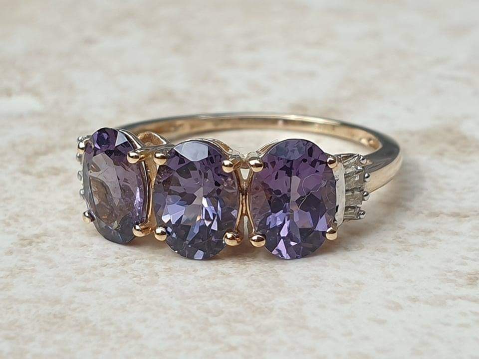 Three Stone Violet Spinel Ring in 9ct Gold. - Gems Afire - Vintage ...