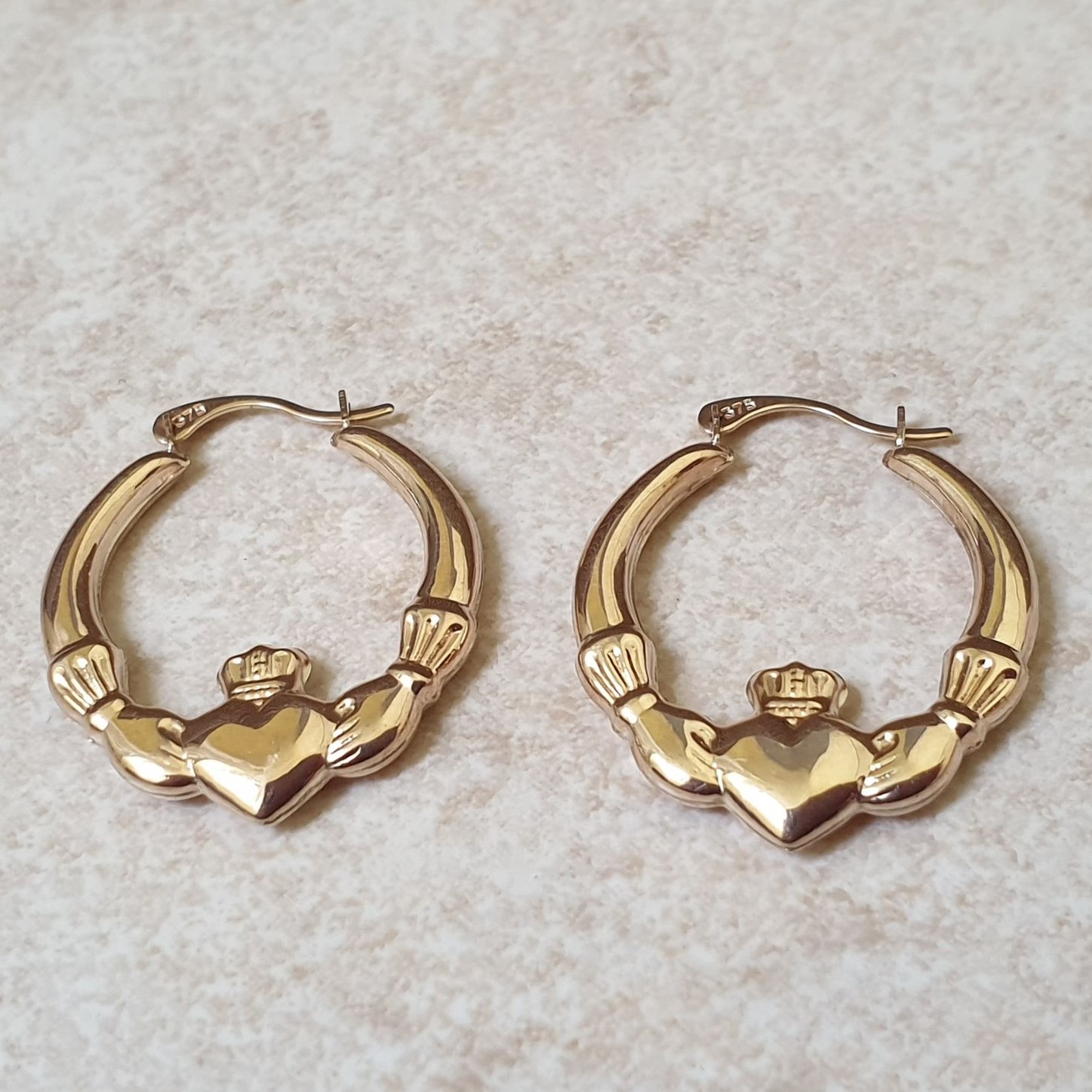 Claddagh Hoop Earrings in 9ct Gold - Gems Afire - Vintage Jewellery UK