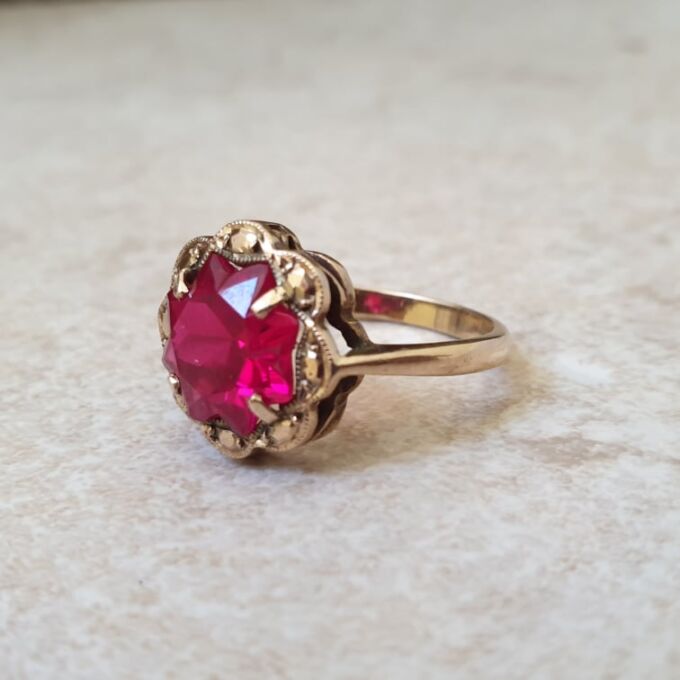 Fancy Synthetic Pink Ruby Ring in 9ct Gold - Gems Afire - Vintage ...