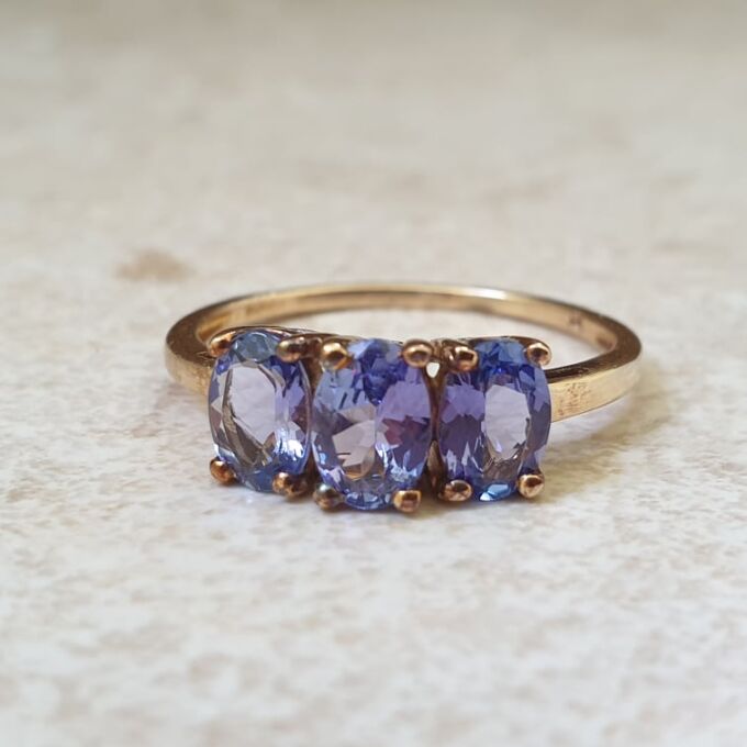 Three Stone Tanzanite Ring in 9ct Gold - Gems Afire - Vintage Jewellery UK