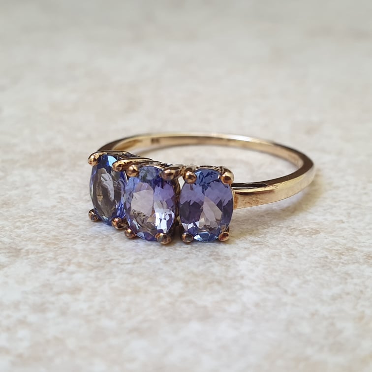 Three Stone Tanzanite Ring in 9ct Gold - Gems Afire - Vintage Jewellery UK