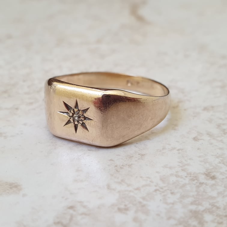 Star Set Diamond Signet Ring in 9ct Gold - Gems Afire - Vintage ...