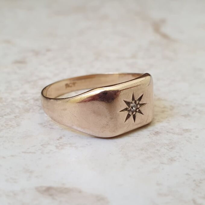 Star Set Diamond Signet Ring in 9ct Gold - Gems Afire - Vintage ...