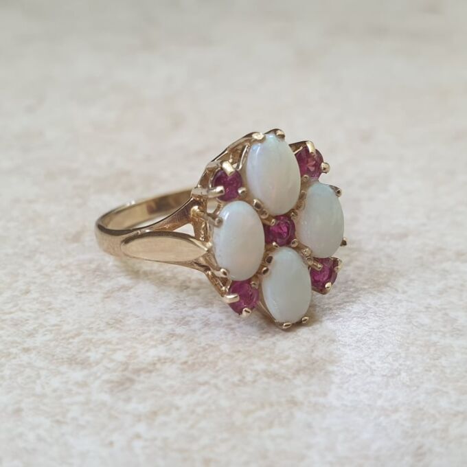 Opal and Ruby Ring in 9ct Gold - Gems Afire - Vintage Jewellery UK