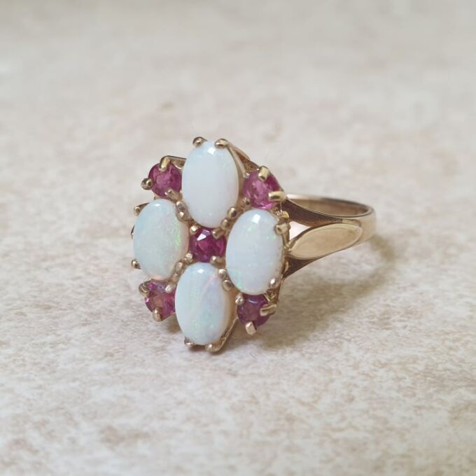 Opal and Ruby Ring in 9ct Gold - Gems Afire - Vintage Jewellery UK