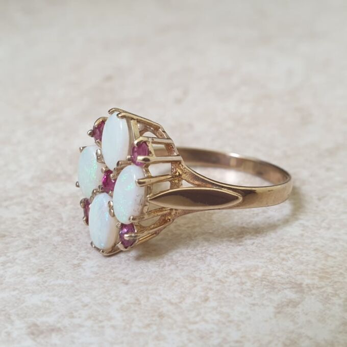 Opal and Ruby Ring in 9ct Gold - Gems Afire - Vintage Jewellery UK