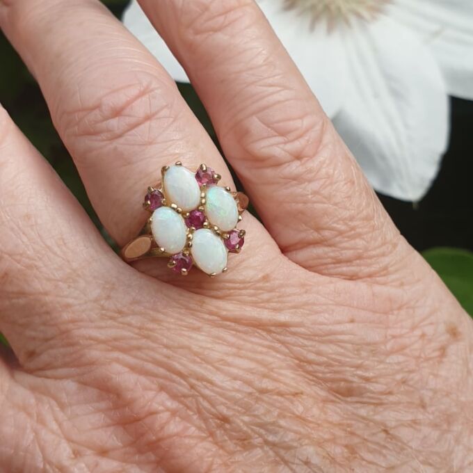Opal and Ruby Ring in 9ct Gold - Gems Afire - Vintage Jewellery UK