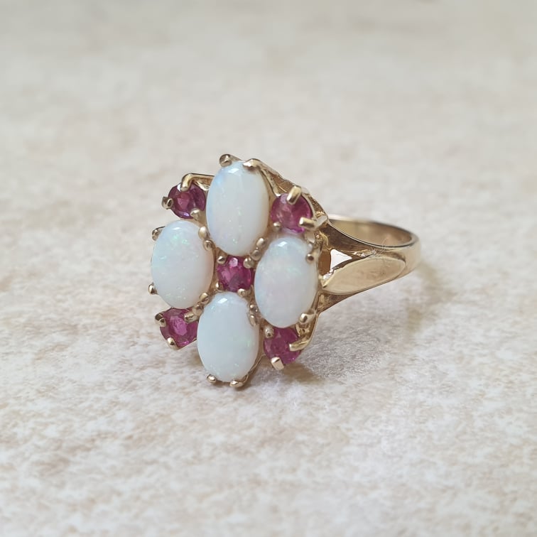 Opal and Ruby Ring in 9ct Gold - Gems Afire - Vintage Jewellery UK
