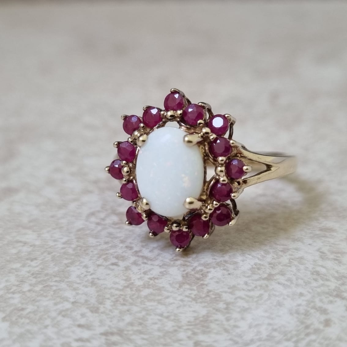 Opal and Ruby Cluster Ring in 9ct Gold - Gems Afire - Vintage Jewellery UK