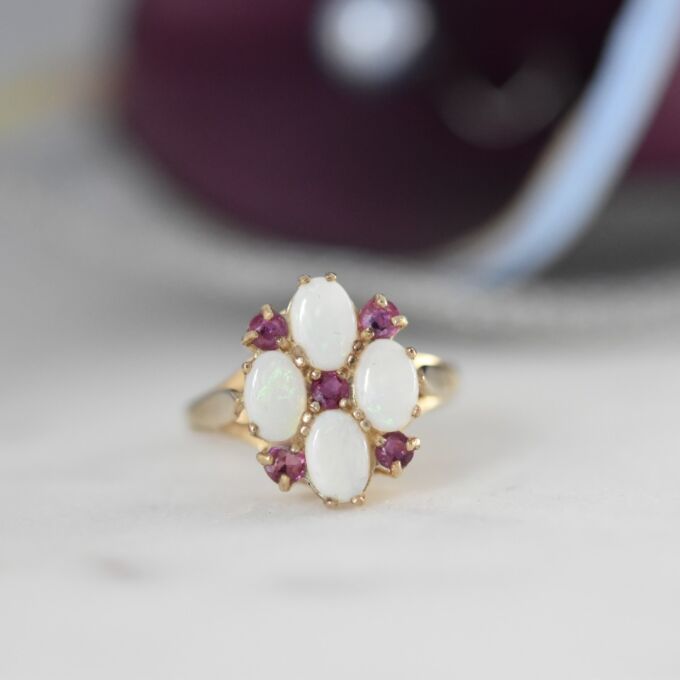Opal and Ruby Ring in 9ct Gold - Gems Afire - Vintage Jewellery UK