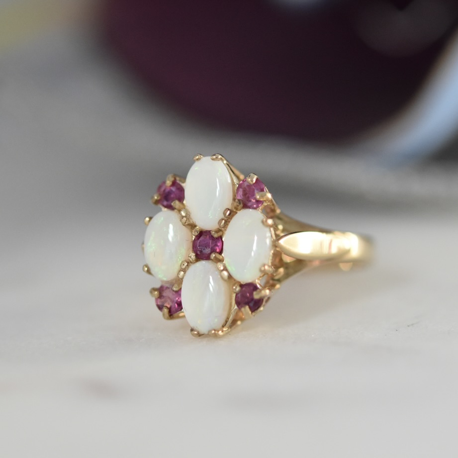 Opal and Ruby Ring in 9ct Gold - Gems Afire - Vintage Jewellery UK