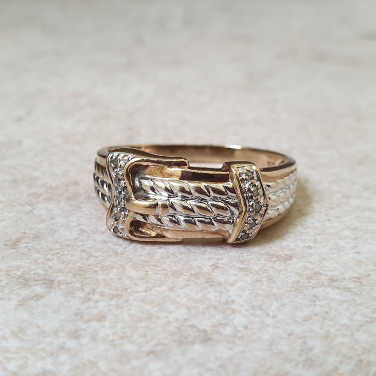 Diamond Set Buckle Ring in 9ct Gold - Gems Afire - Vintage Jewellery UK