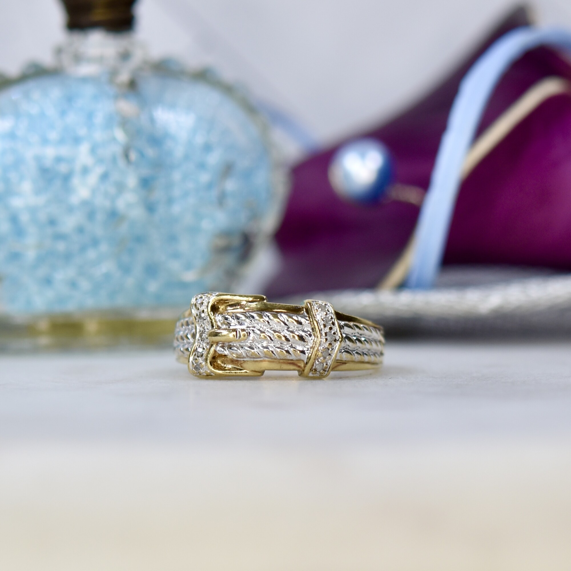 Diamond Set Buckle Ring In 9ct Gold Gems Afire Vintage Jewellery UK Diamond Set Buckle Ring In 9ct Gold Gems Afire Vintage Jewellery UK