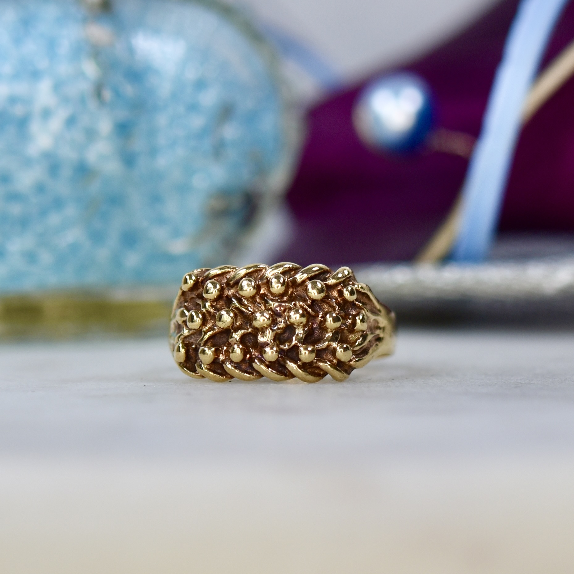 Three Row Keeper Ring in 9ct Gold - Gems Afire - Vintage Jewellery UK
