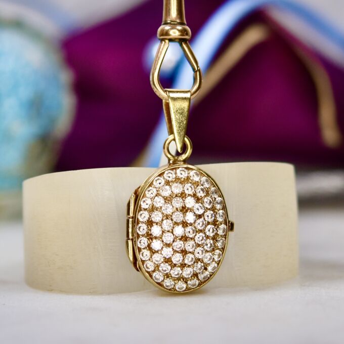 Italian Encrusted Locket in 9ct Gold - Gems Afire - Vintage Jewellery UK