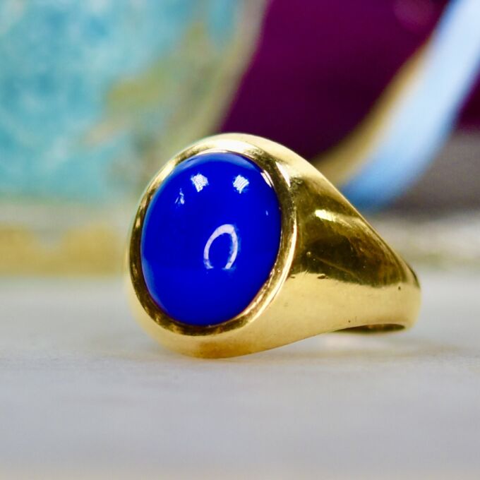 Blue Agate Signet Ring in 9ct Gold - Gems Afire - Vintage Jewellery UK
