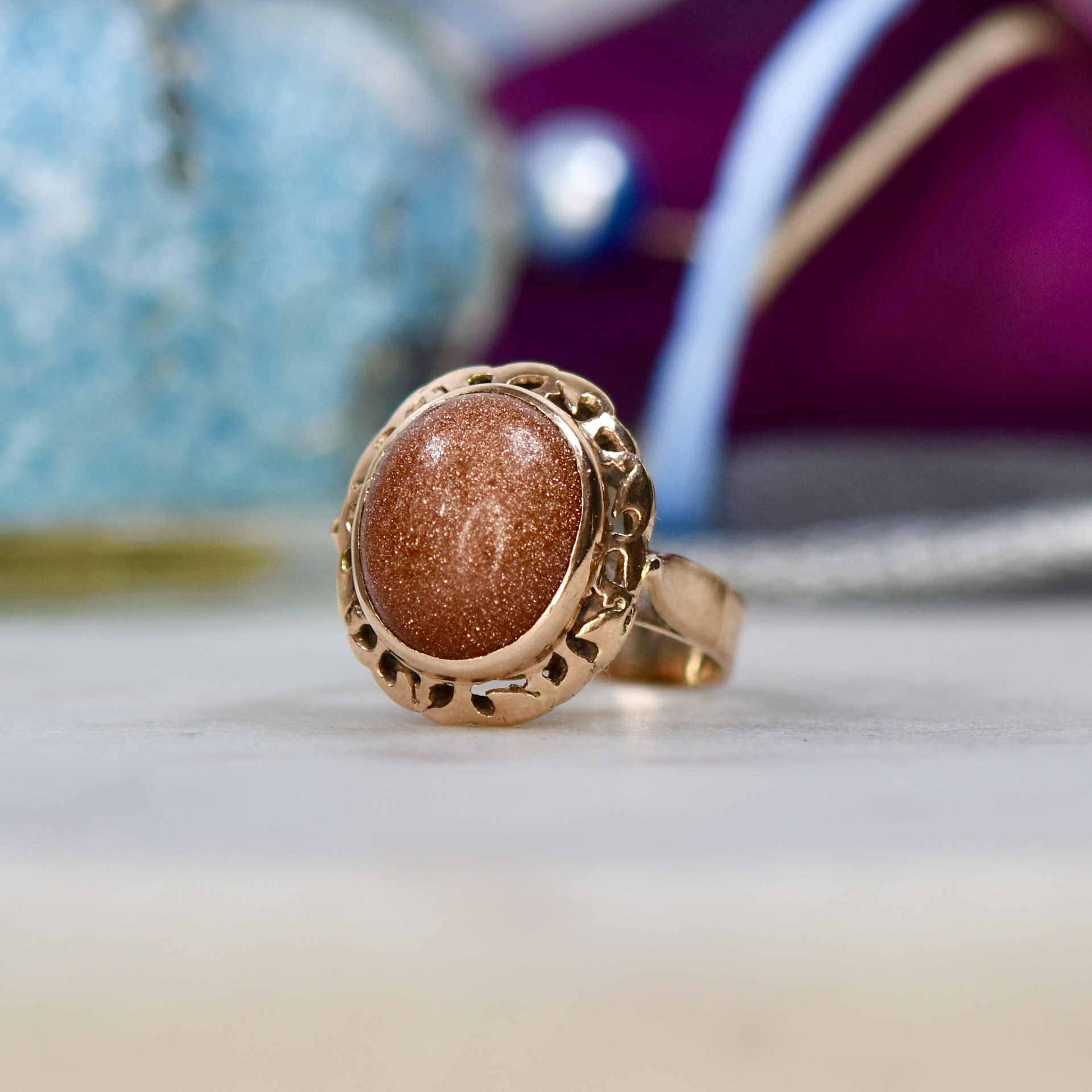 Goldstone Ring in 12ct Rose Gold - Gems Afire - Vintage Jewellery UK
