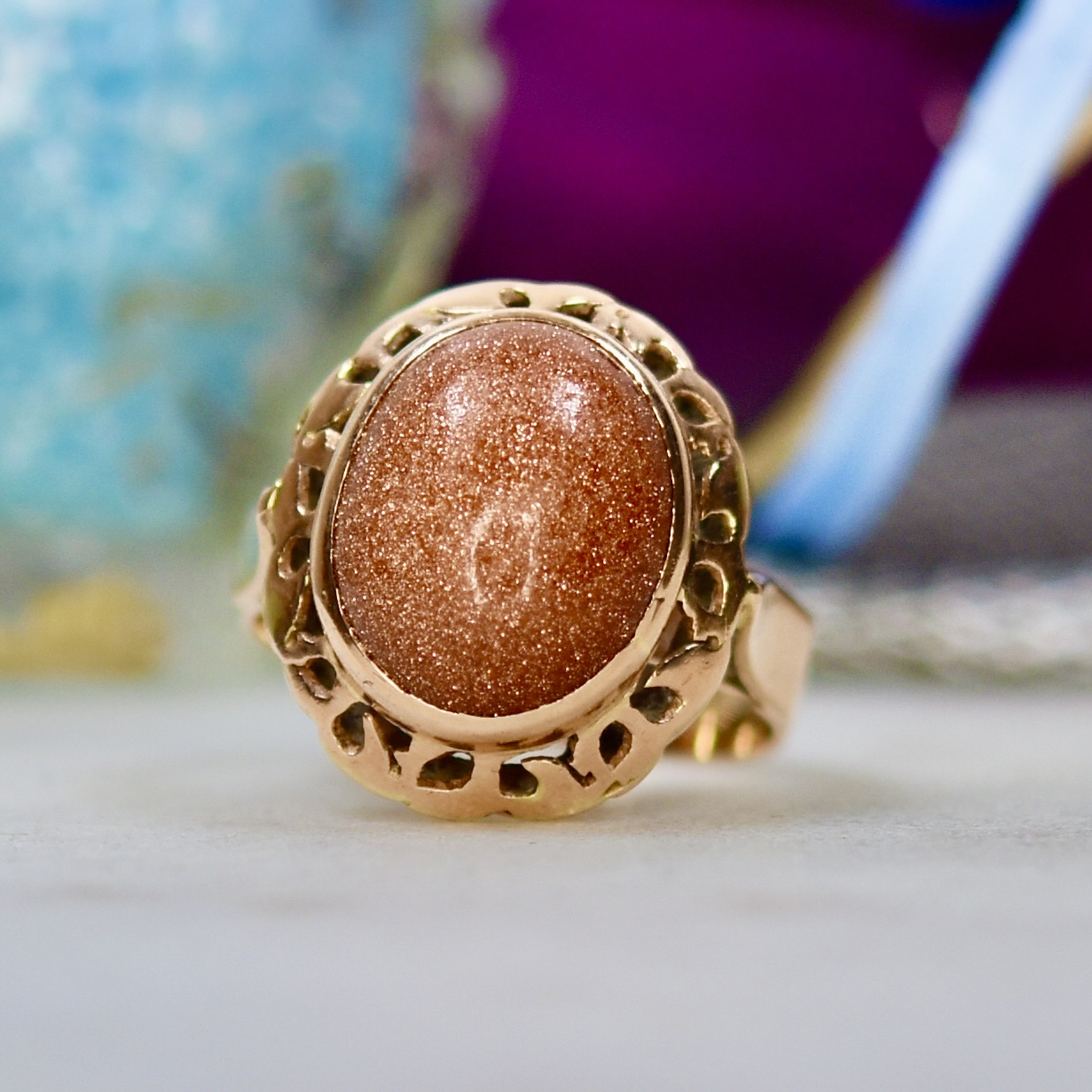 Goldstone Ring in 12ct Rose Gold - Gems Afire - Vintage Jewellery UK