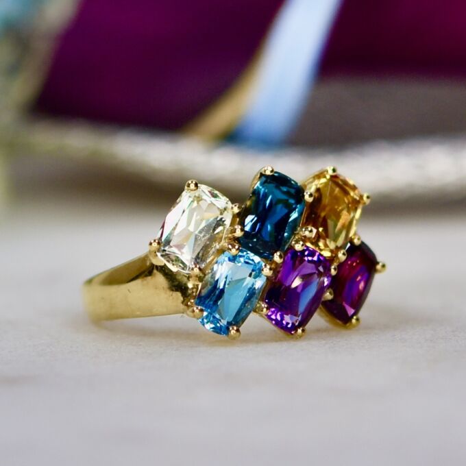 Rainbow Multi Gemstone Ring in 9ct Gold - Gems Afire - Vintage Jewellery UK