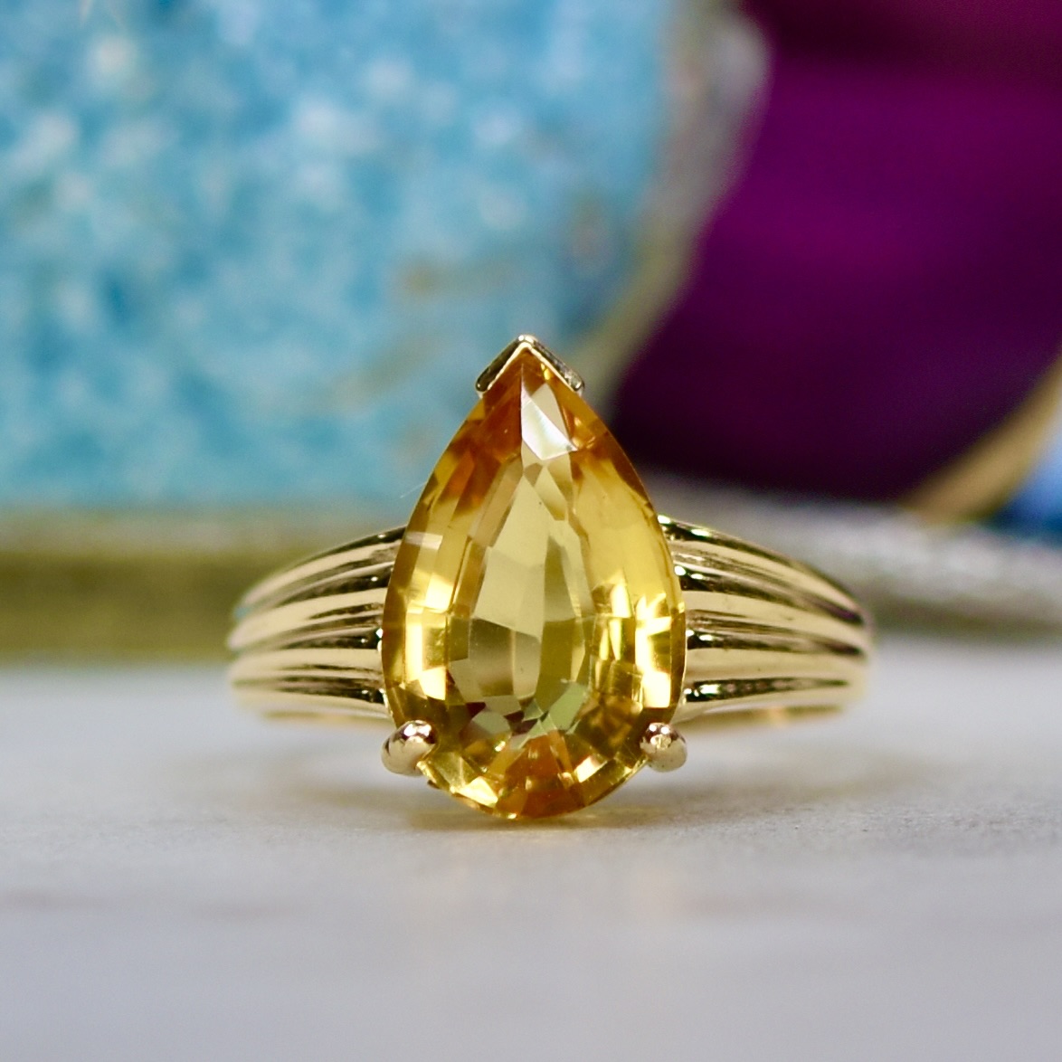 Fancy Pear Citrine Ring in 14ct Gold - Gems Afire - Vintage Jewellery UK