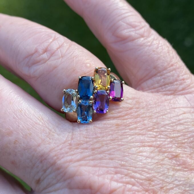 Rainbow Multi Gemstone Ring in 9ct Gold - Gems Afire - Vintage Jewellery UK