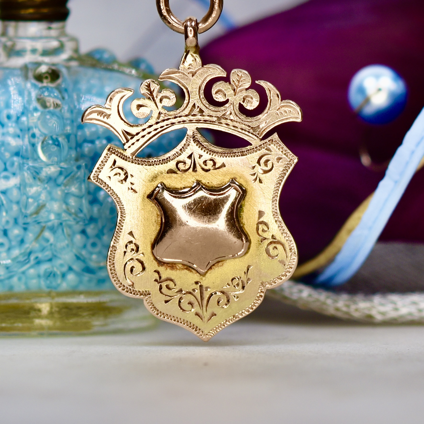 Antique Crown & Shield Pendant Medallion in 9ct Gold - Gems Afire ...