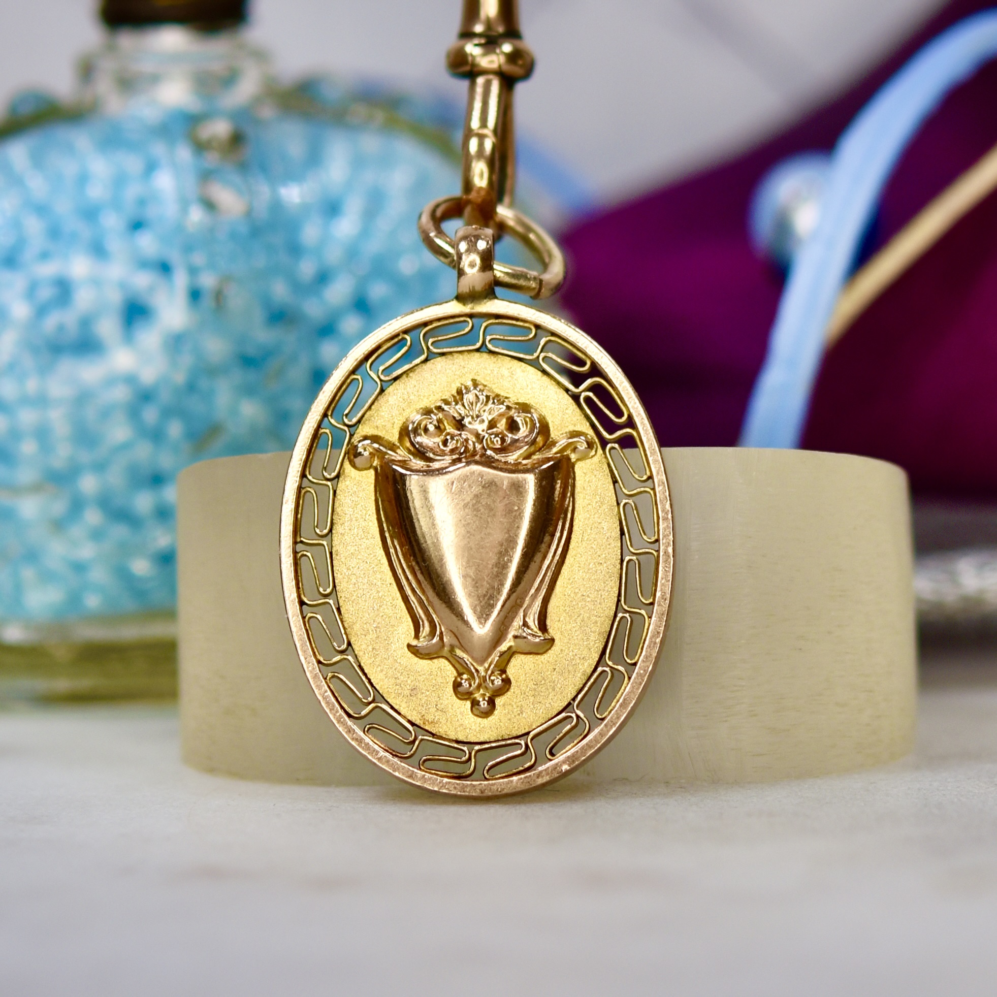 Oval Shield Antique Medallion Pendant in 9ct Gold - Gems Afire ...