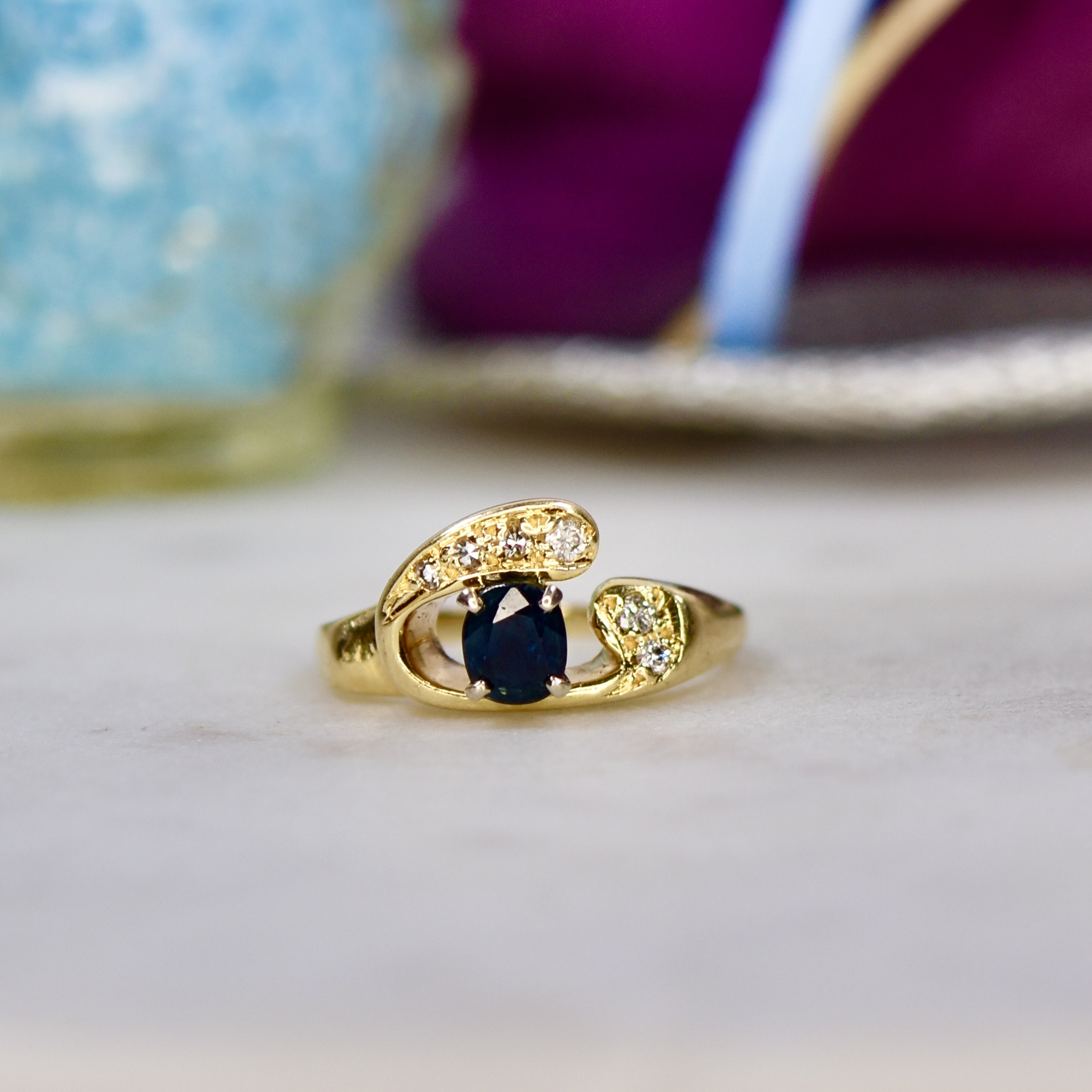 Sapphire & Diamond Ring in 14ct Gold - Gems Afire - Vintage Jewellery UK