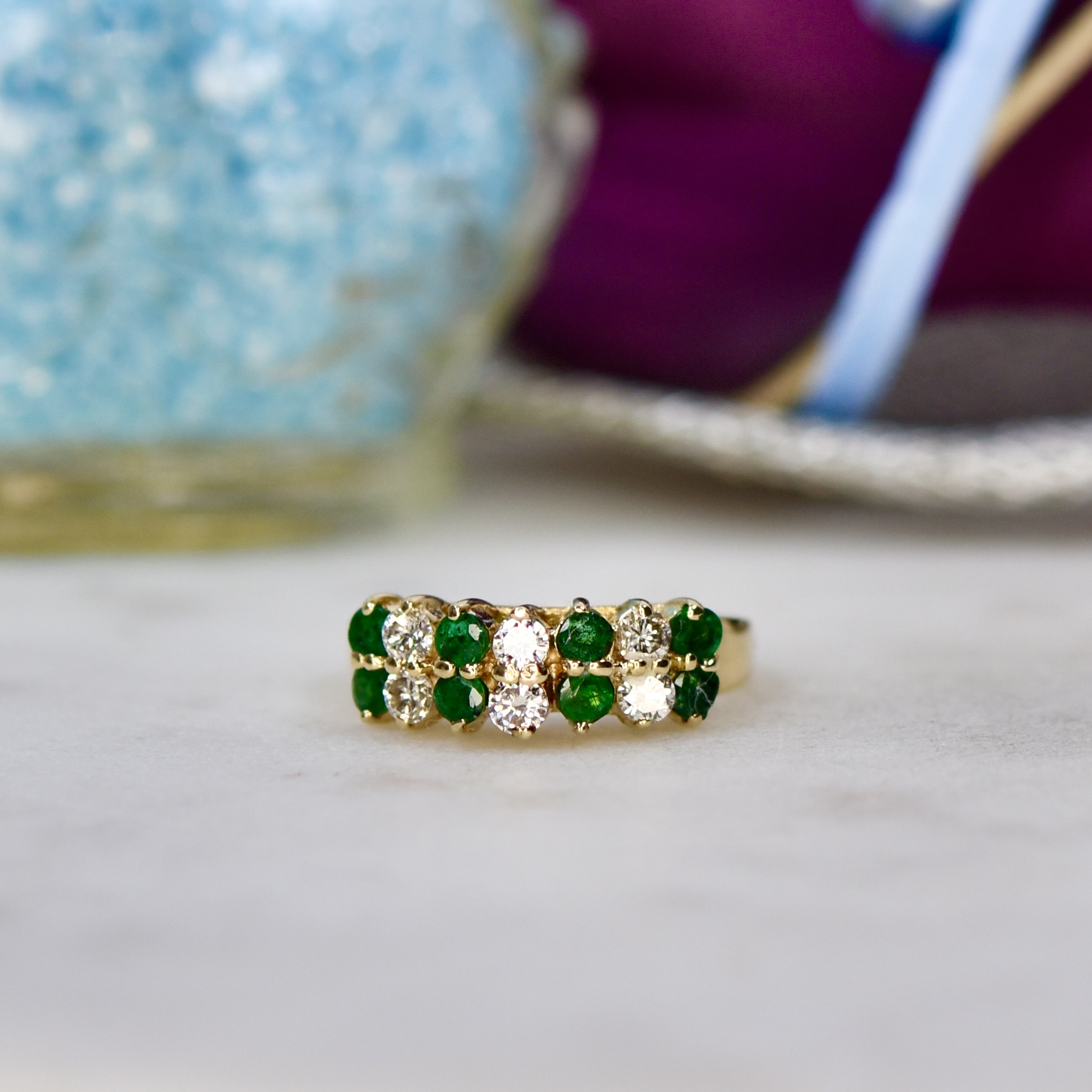 Emerald & Diamond Ring in 14ct Gold - Gems Afire - Vintage Jewellery UK