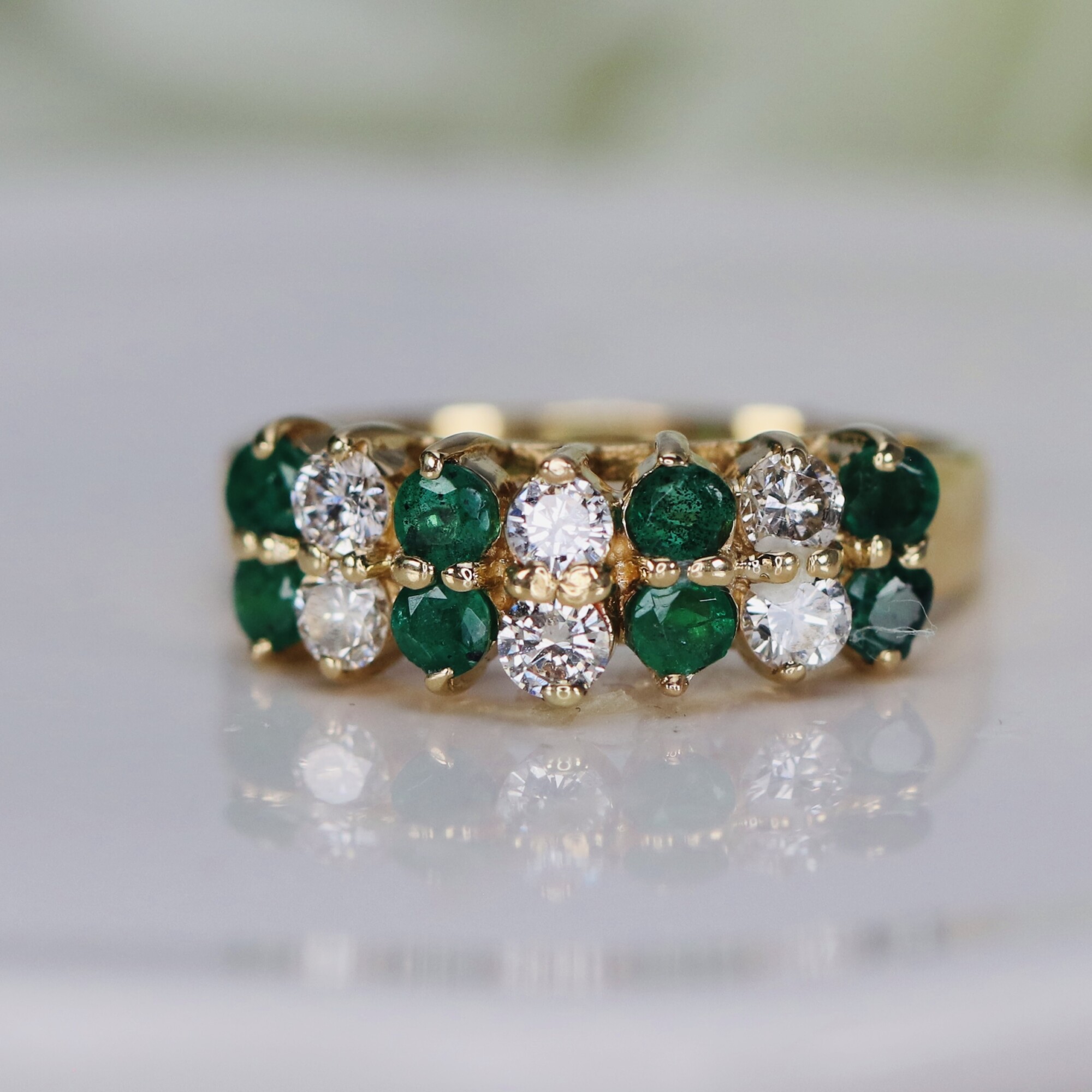 Emerald & Diamond Ring in 14ct Gold - Gems Afire - Vintage Jewellery UK