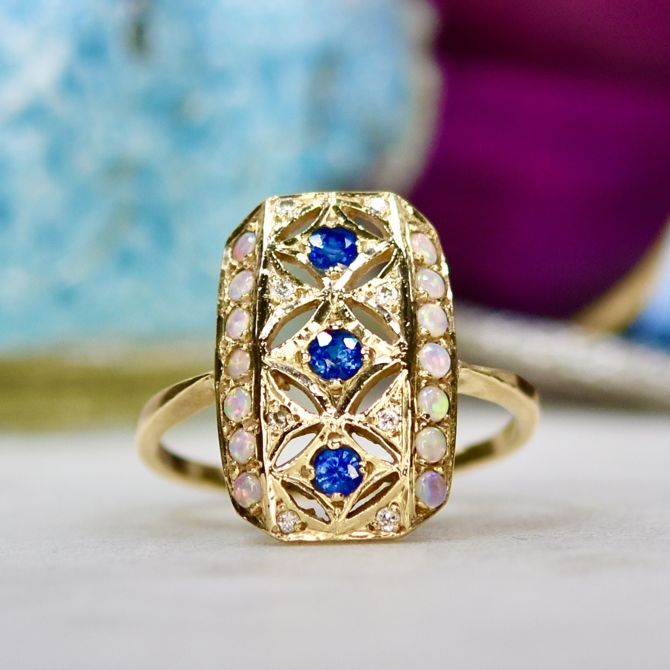 Sapphire, Opal and Diamond RIng in 9ct Gołd - Gems Afire - Vintage ...