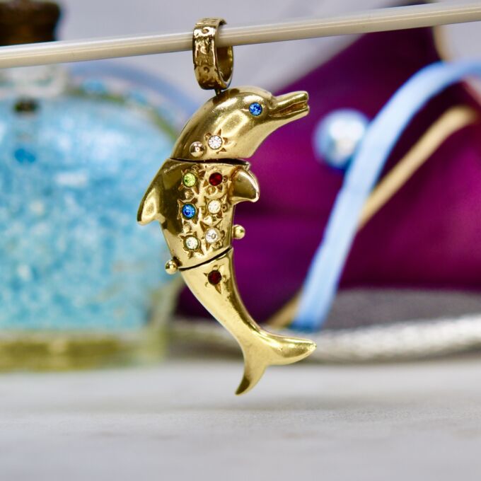 Bejewelled Dolphin Pendant in 9ct Gold - Gems Afire - Vintage Jewellery UK