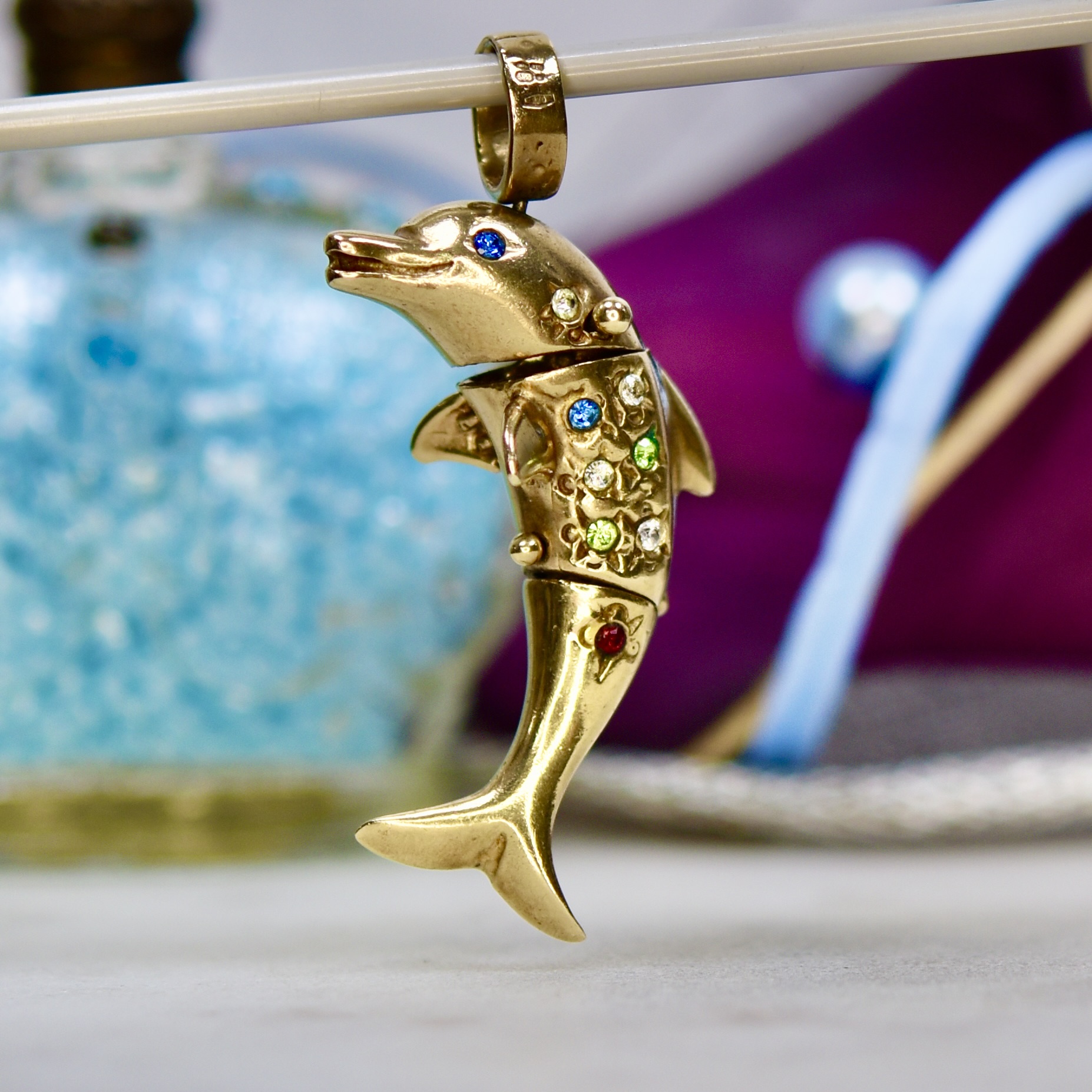 Bejewelled Dolphin Pendant in 9ct Gold - Gems Afire - Vintage Jewellery UK