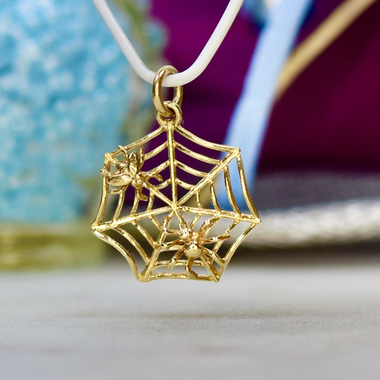 Cobweb, Spider & Fly Charm Pendant in 9ct Gold - Gems Afire - Vintage ...
